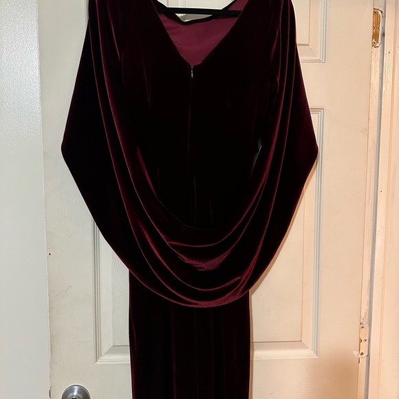 Betsy & Adam | Dresses | Burgundy Velvet Cape Sleeve Drape Back Dress ...